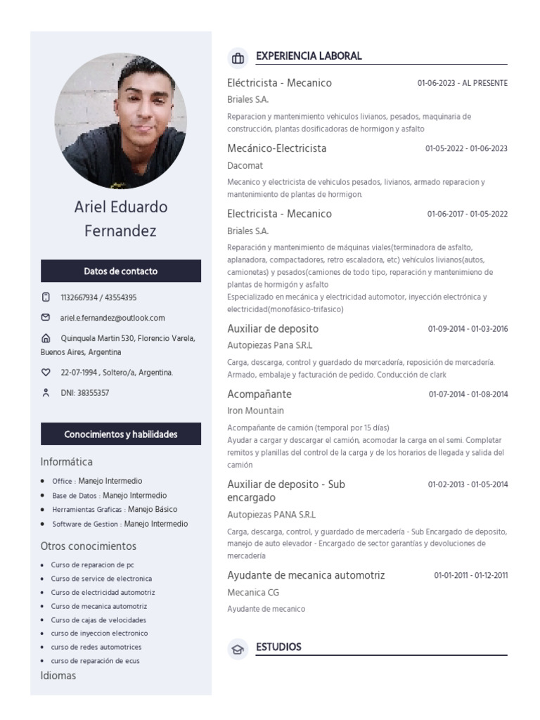 CV de Ariel Fernández: Mecánico y Electricista | PDF | Camión