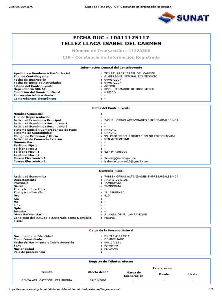 Ficha RUC de Isabel Téllez Llaca | PDF