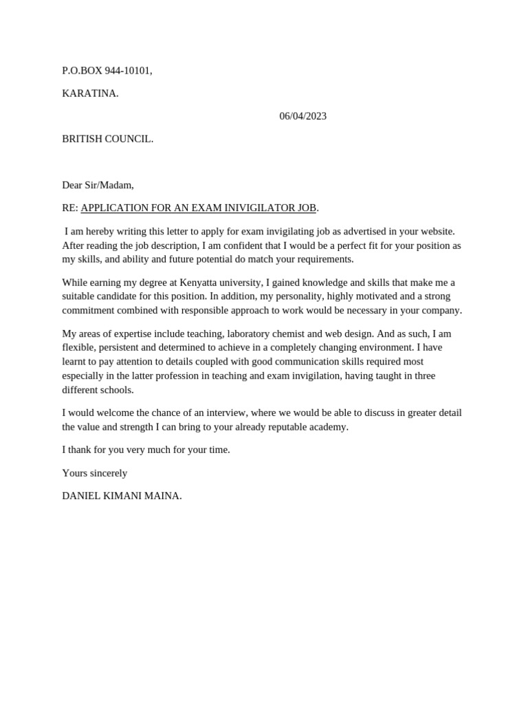 Daniel Kimani Exam Invigilator | PDF