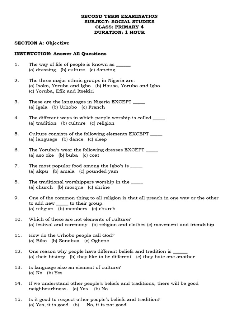 Primary 4 Social Studies Exam Questions | PDF | Igbo People