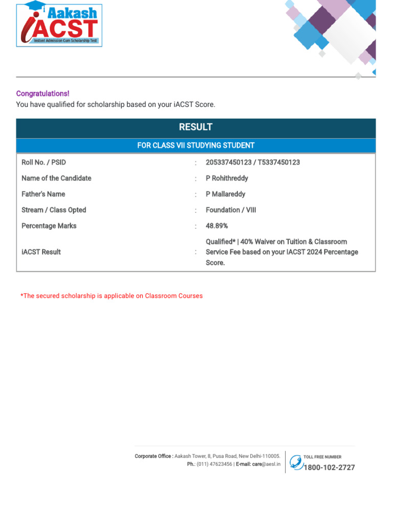 Aakash iACST Scholarship Result 2024 | PDF | Payments