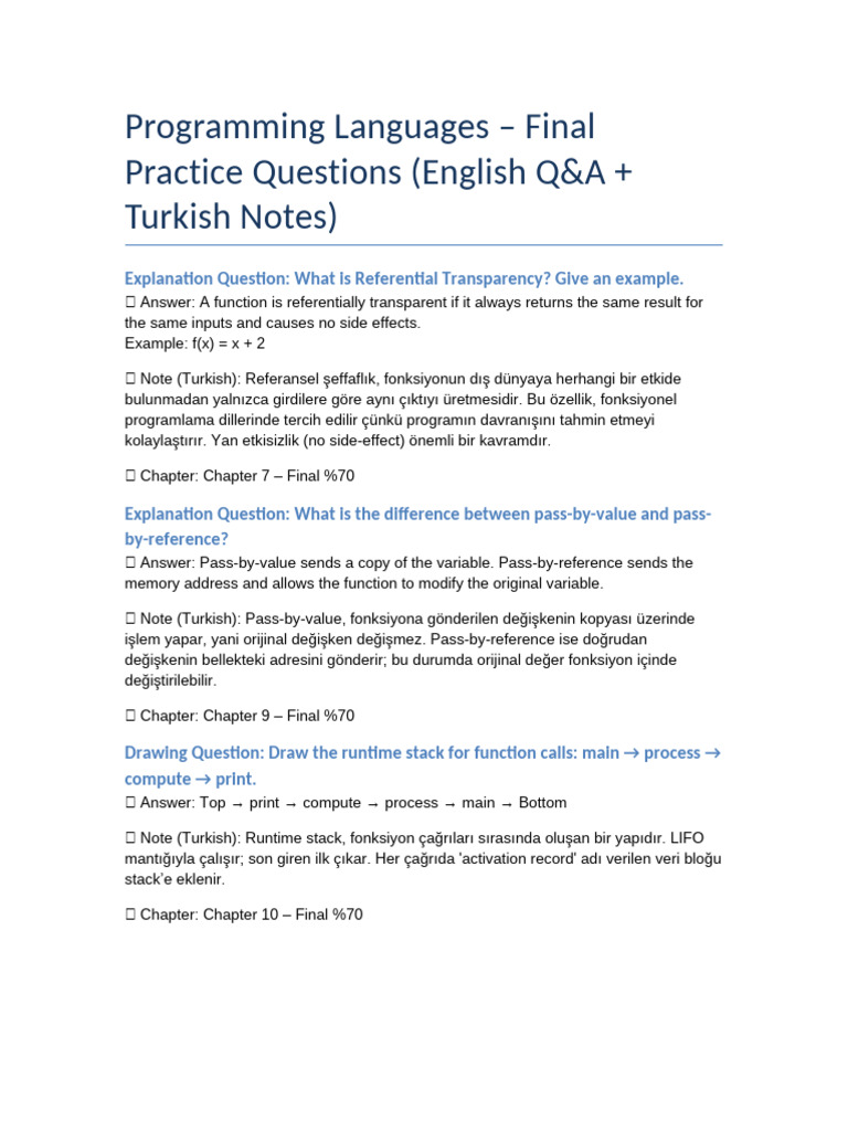 Programming Languages English QA Turkish Notes | PDF