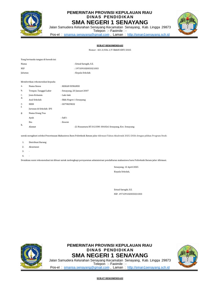 Surat Rekom Sekolah - 1 | PDF