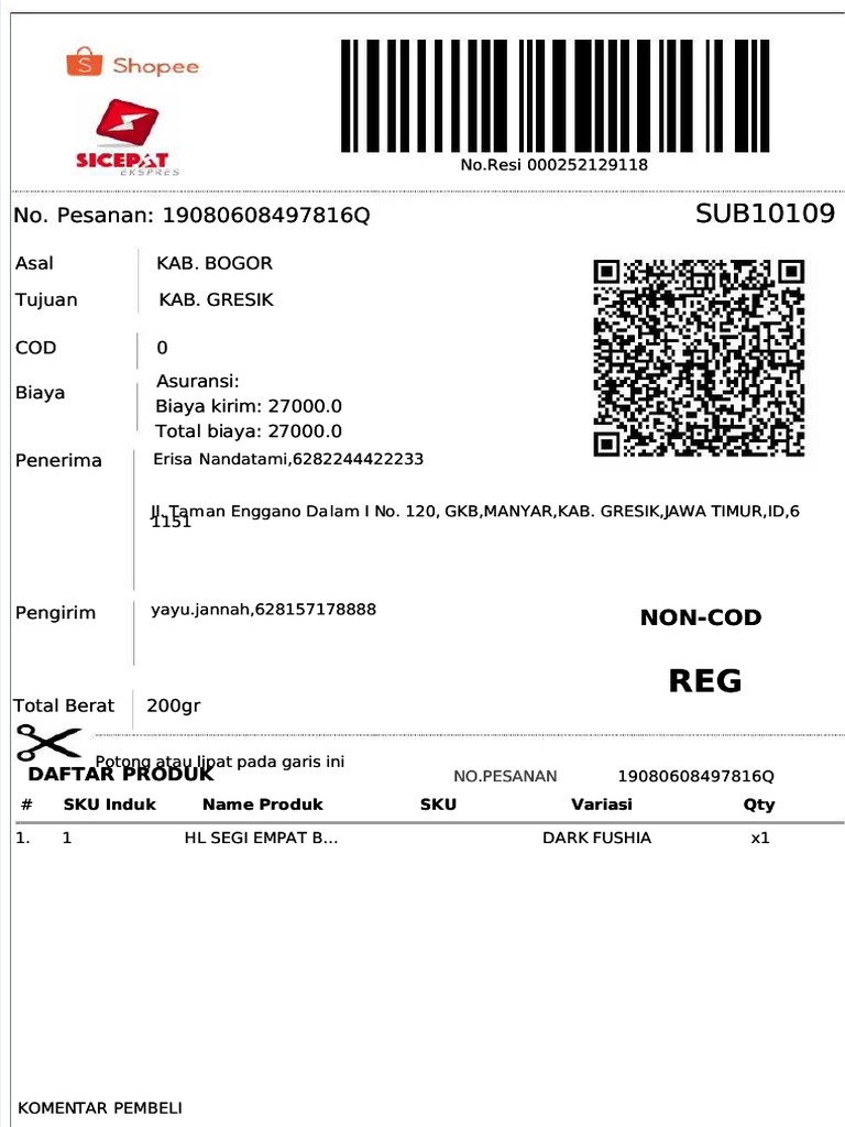 Contoh Resi Pengiriman Non-COD | PDF