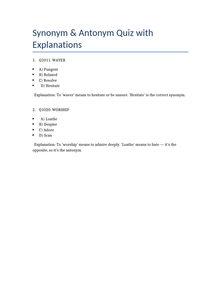 Synonym Antonym Quiz Sample | PDF