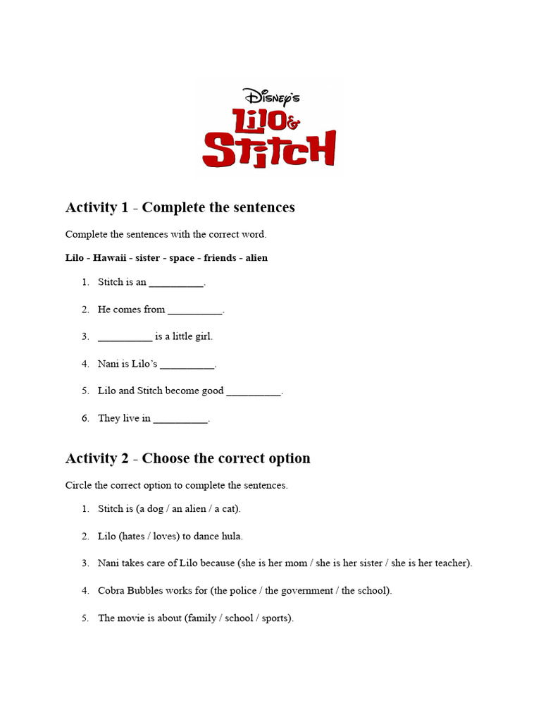 Lilo and Stitch Activity Worksheets | PDF