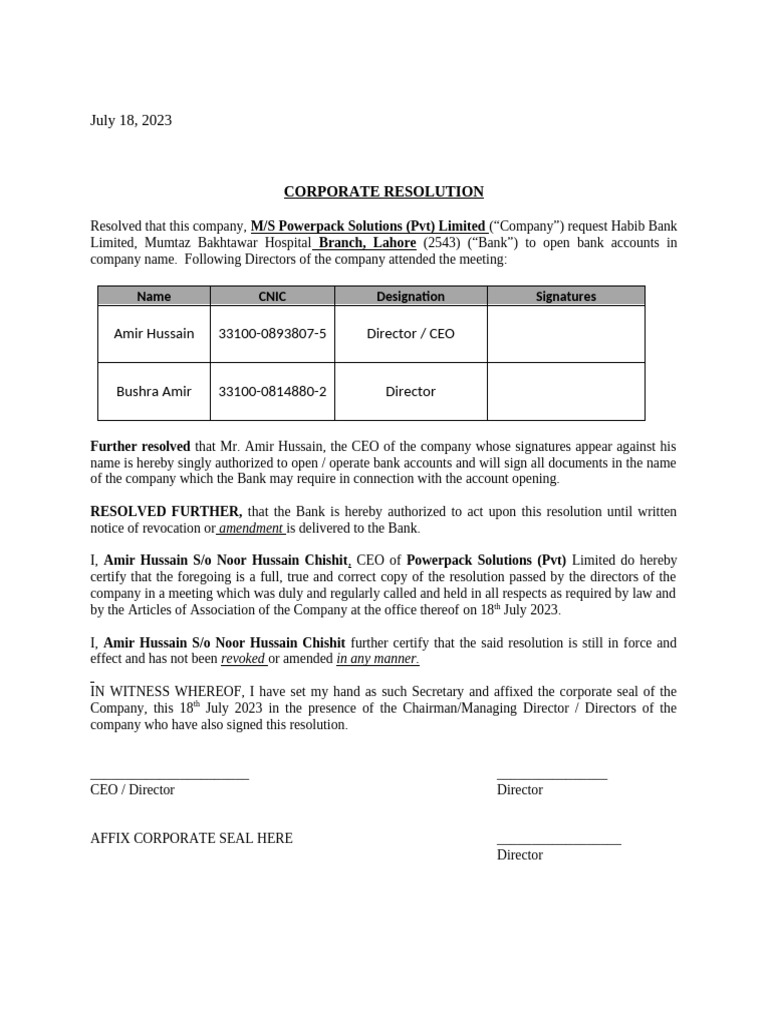 Corporate Resolution for Bank Account Opening | PDF