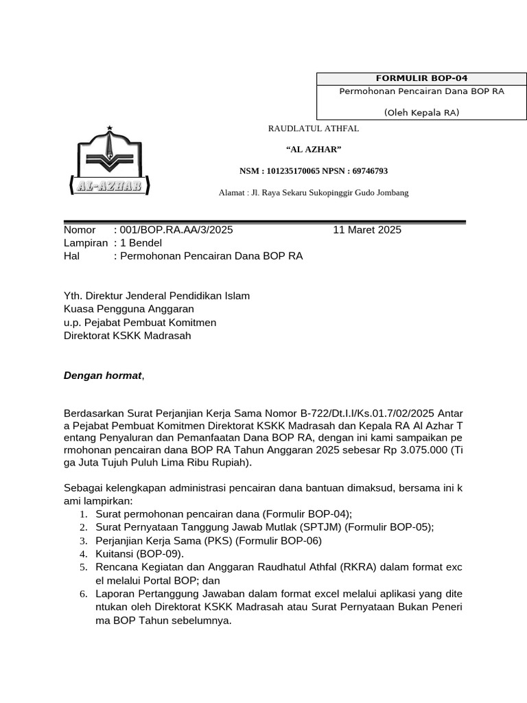 BOP-04 Permohonan Pencairan Dana BOP | PDF