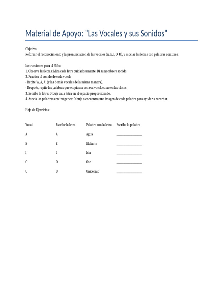 Material de Apoyo Las Vocales y Sus Sonidos Horizontal | PDF