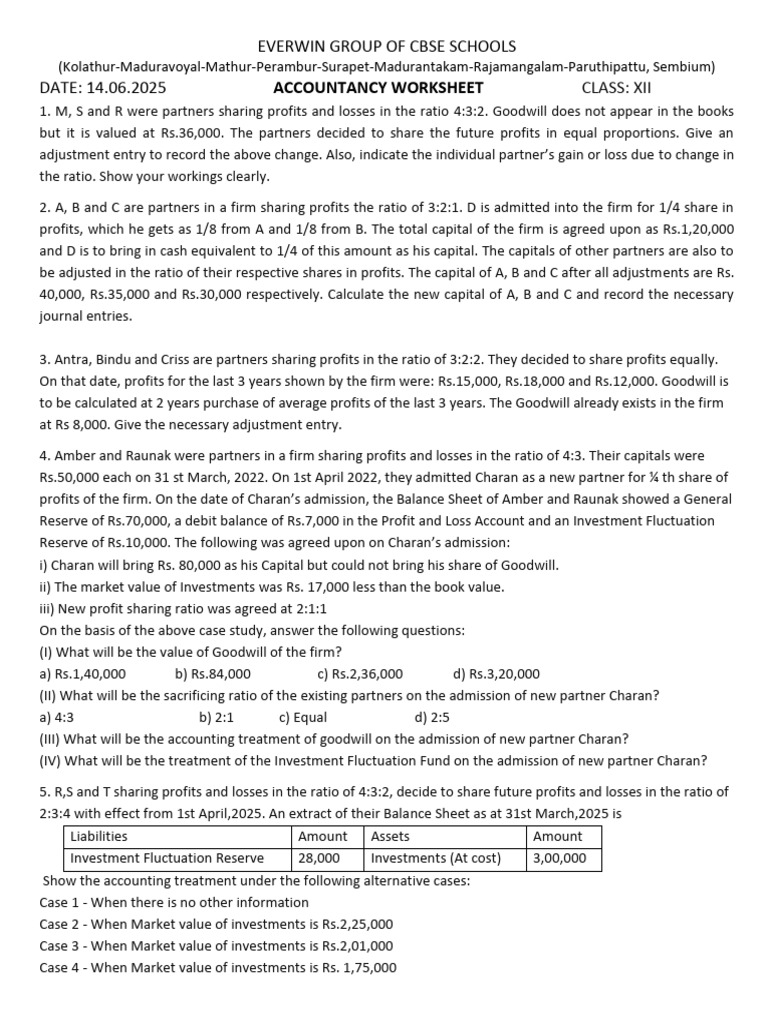 Class Xii - Acc Worksheet-2 | PDF | Goodwill (Accounting) | Balance Sheet