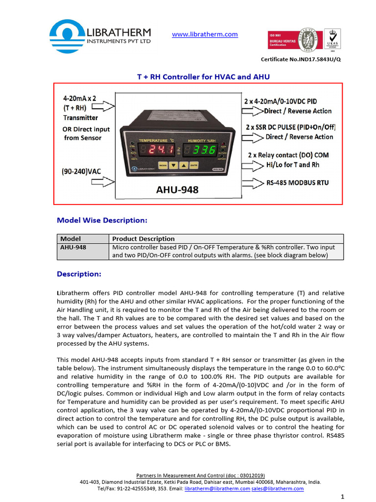 Temperature and Humidity Controller For Hvac and Ahu | PDF | Electrical ...