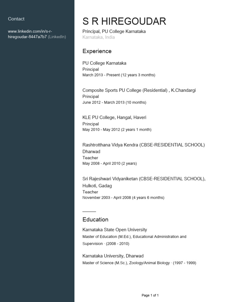 Principal Profile: S R Hiregoudar | PDF