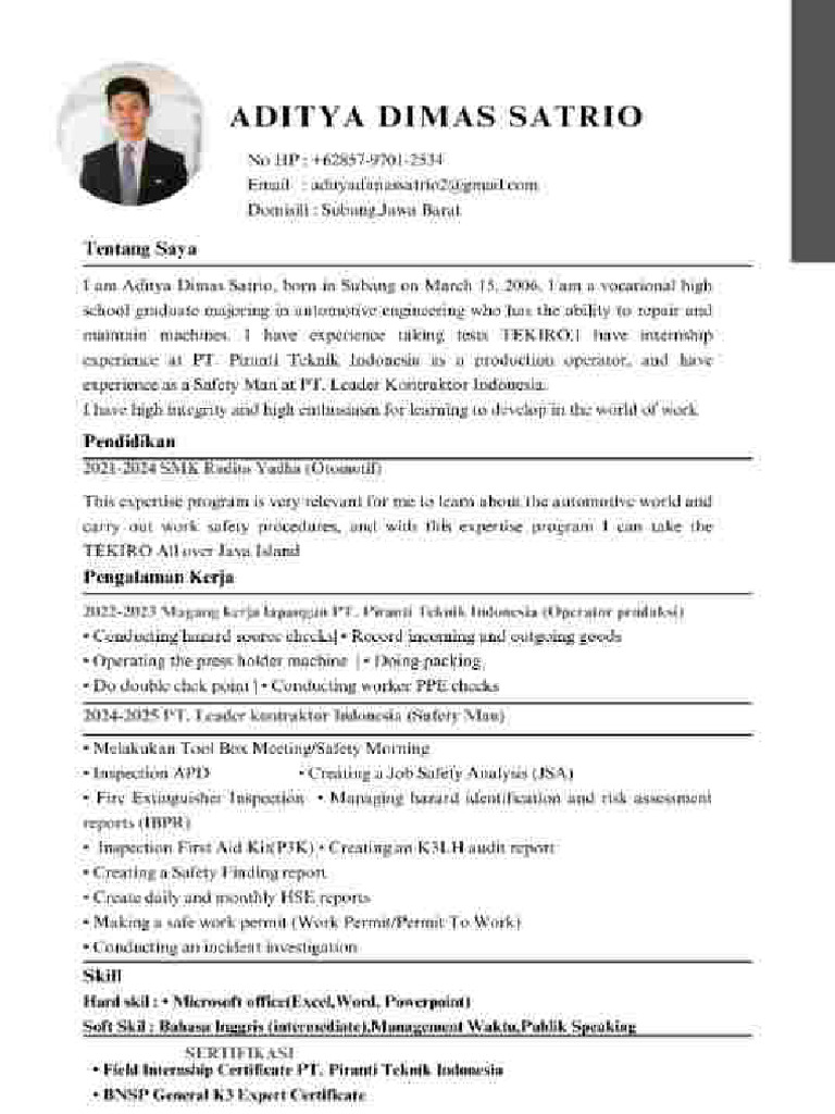 CV Aditya Dimas Satrio - 11zon | PDF