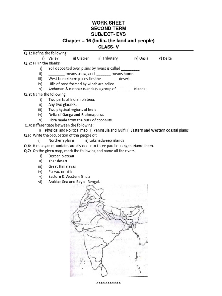 CBSE Class 5 EVS Worksheet - India - The Land and People | PDF