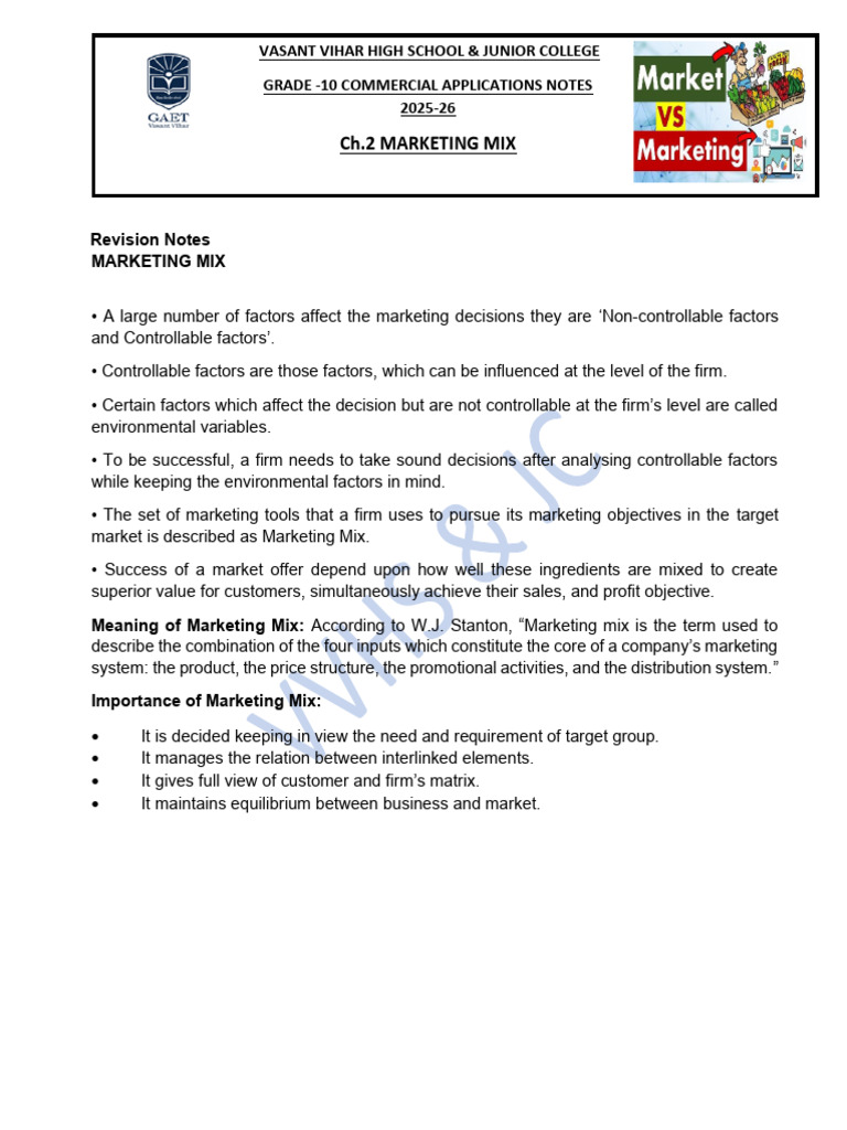 Grade 10 Marketing Mix Notes | PDF | Marketing | Pricing