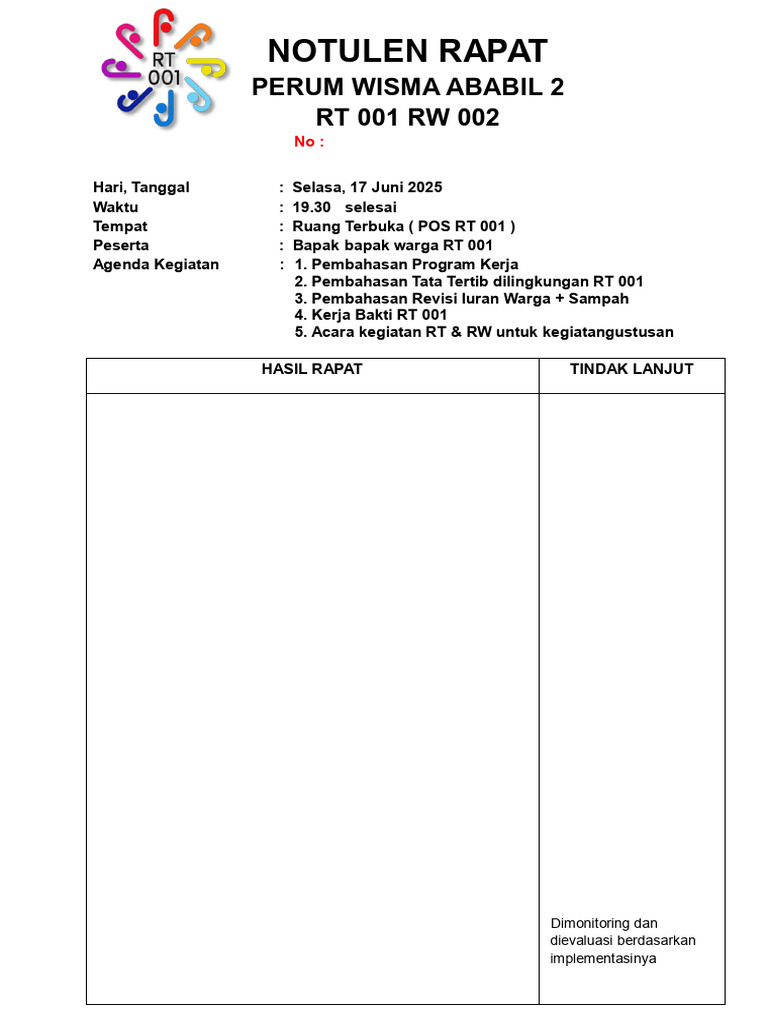 Notulen Rapat RT 001 Wisma Ababil 2 | PDF