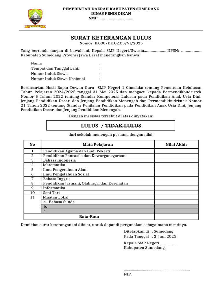Surat Keterangan Lulus SMP 2025 | PDF