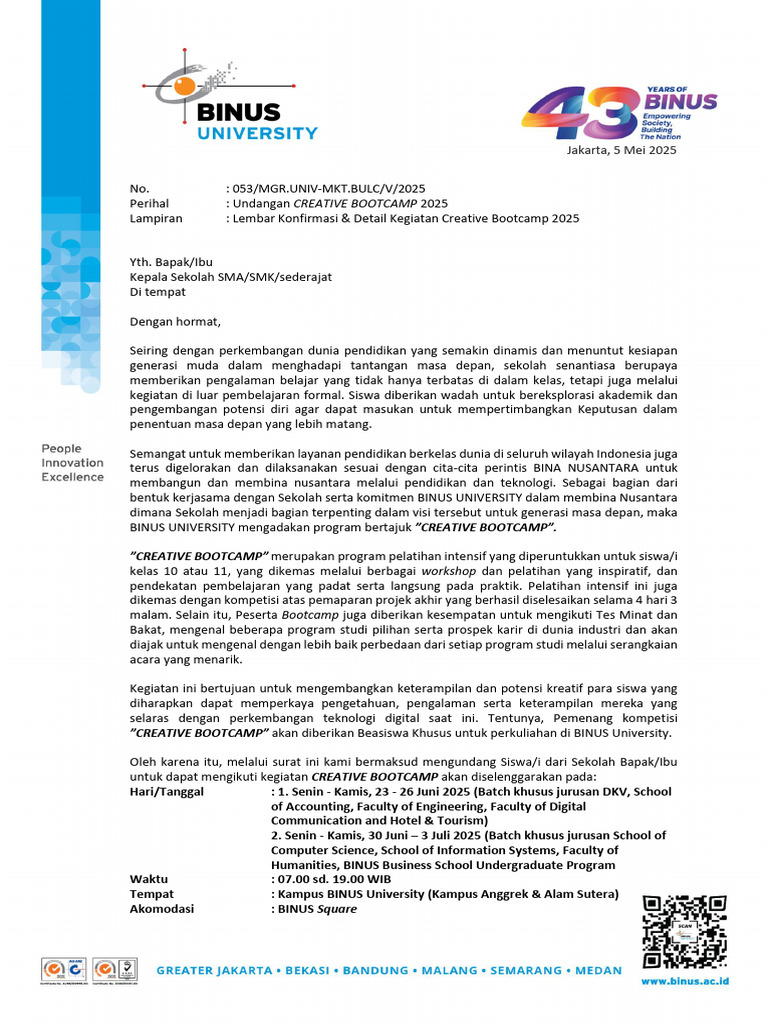 Surat Undangan Creative Bootcamp BINUS University 2025 | PDF