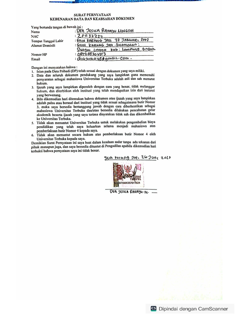 Surat Pernyataan DEA JESIKA | PDF