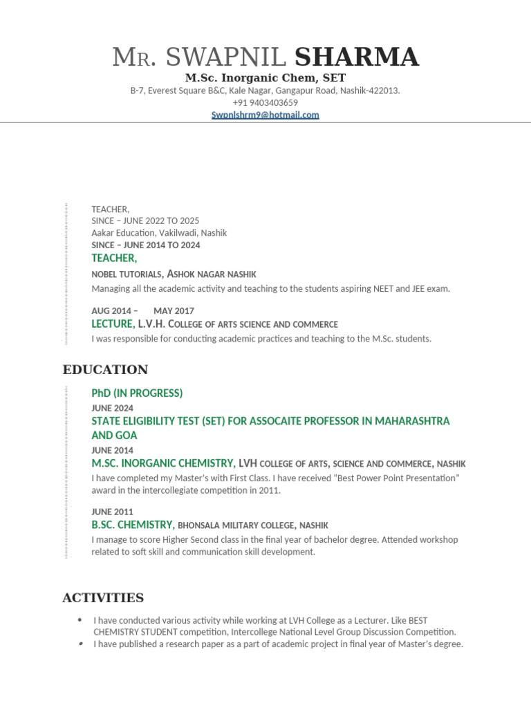 Swapnil Sharma Resume For Spectrum | PDF