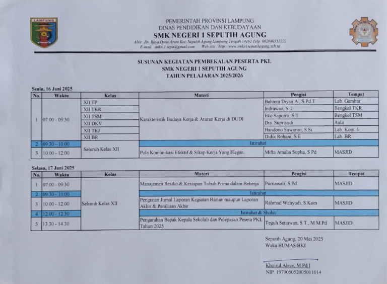 Jadwal Pembekalan PKL 2025 | PDF