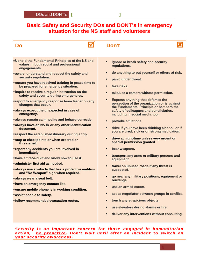 DOs and DONTs - Safety - Volunteers | PDF | Emergency | First Aid