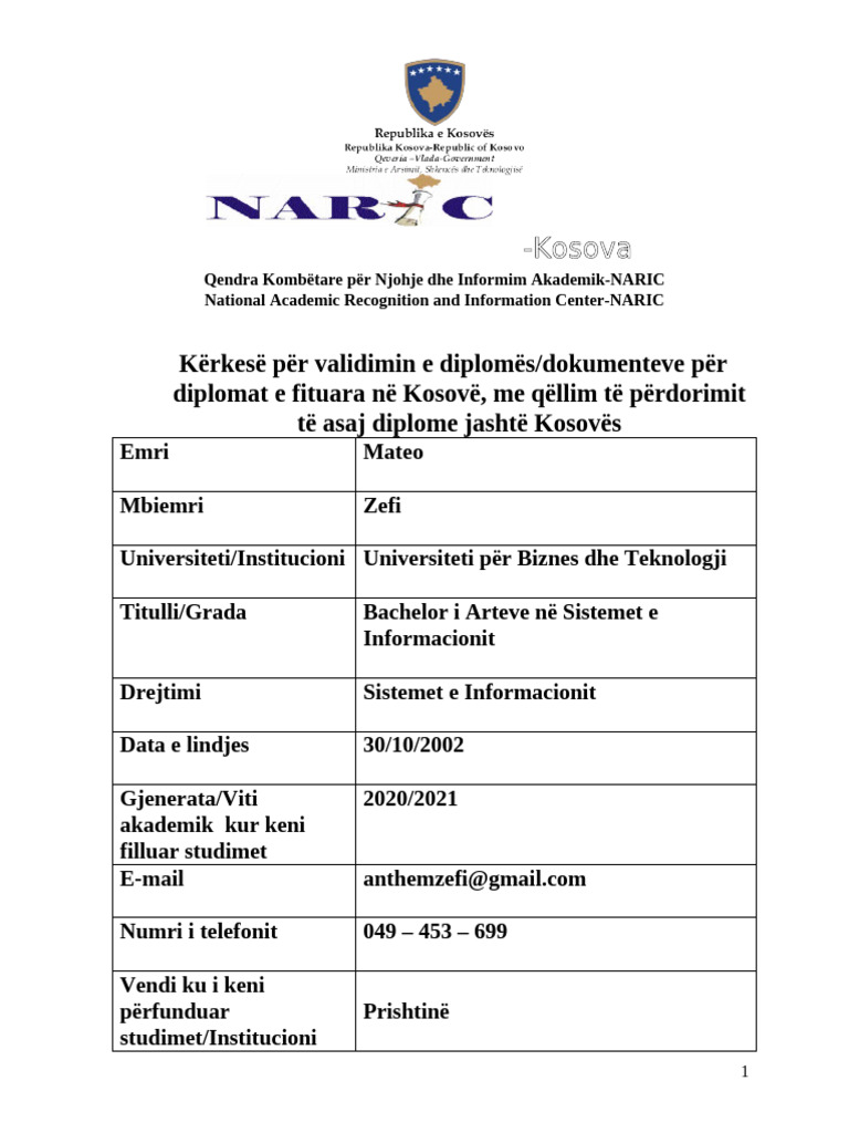 Formulari Per Validimin e Diplomave Te Fituara Ne Kosove | PDF