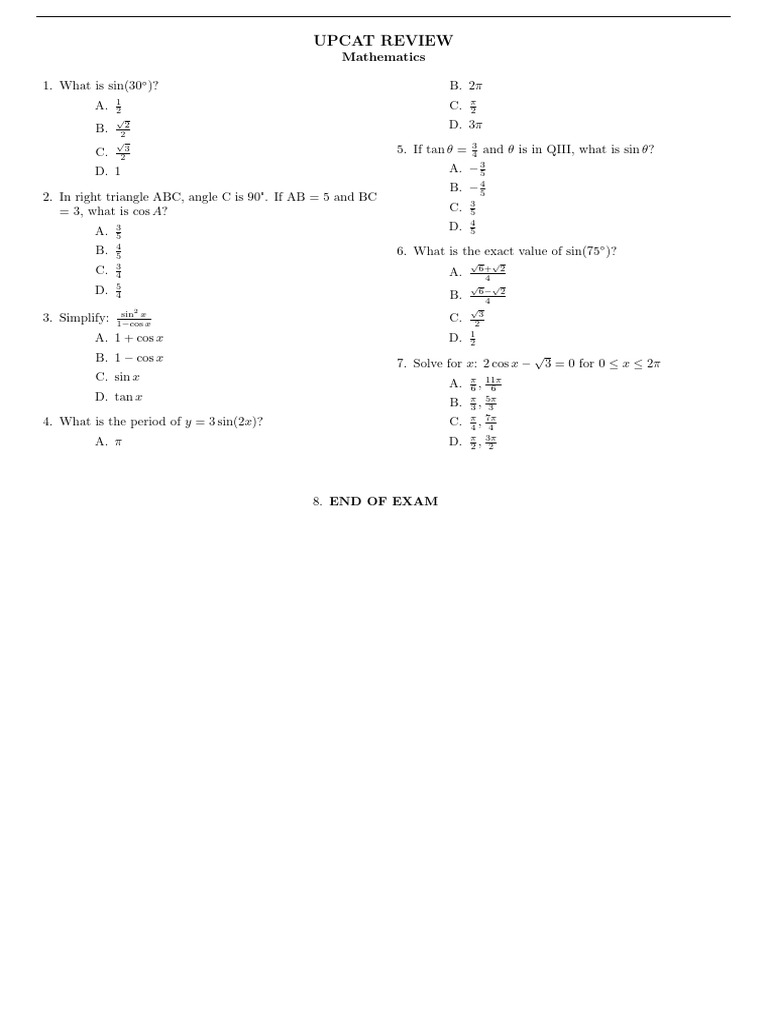 Template Exam | PDF | Trigonometric Functions | Chess Theory