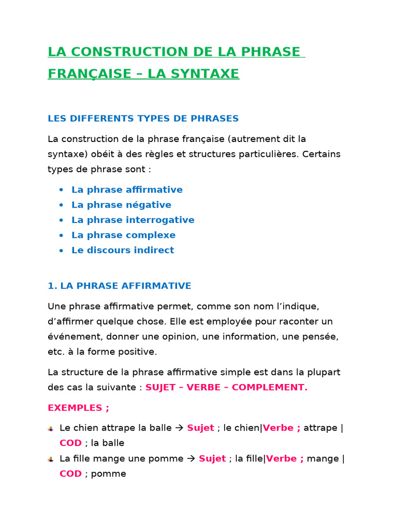 Construction de la phrase française | PDF | Phrase | Sujet (Grammaire)