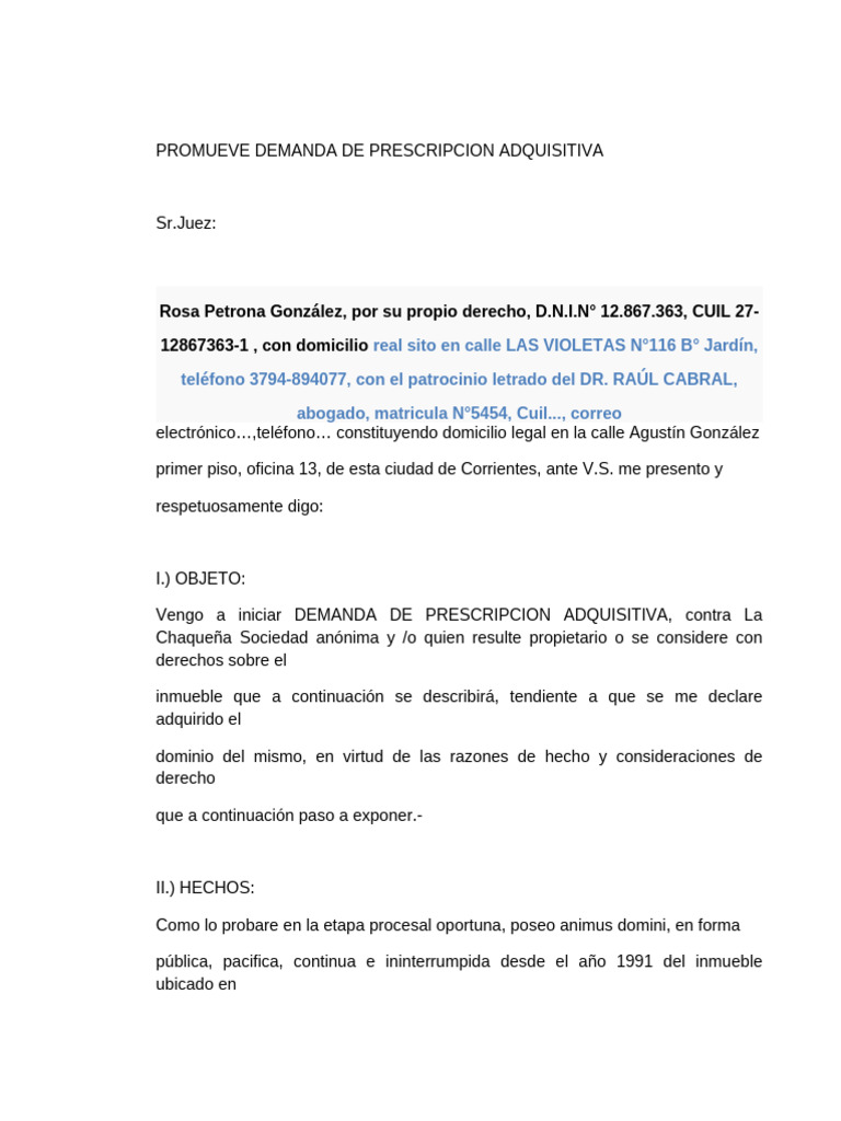Modelo de Usucapion | PDF | Posesión adversa | Demanda judicial