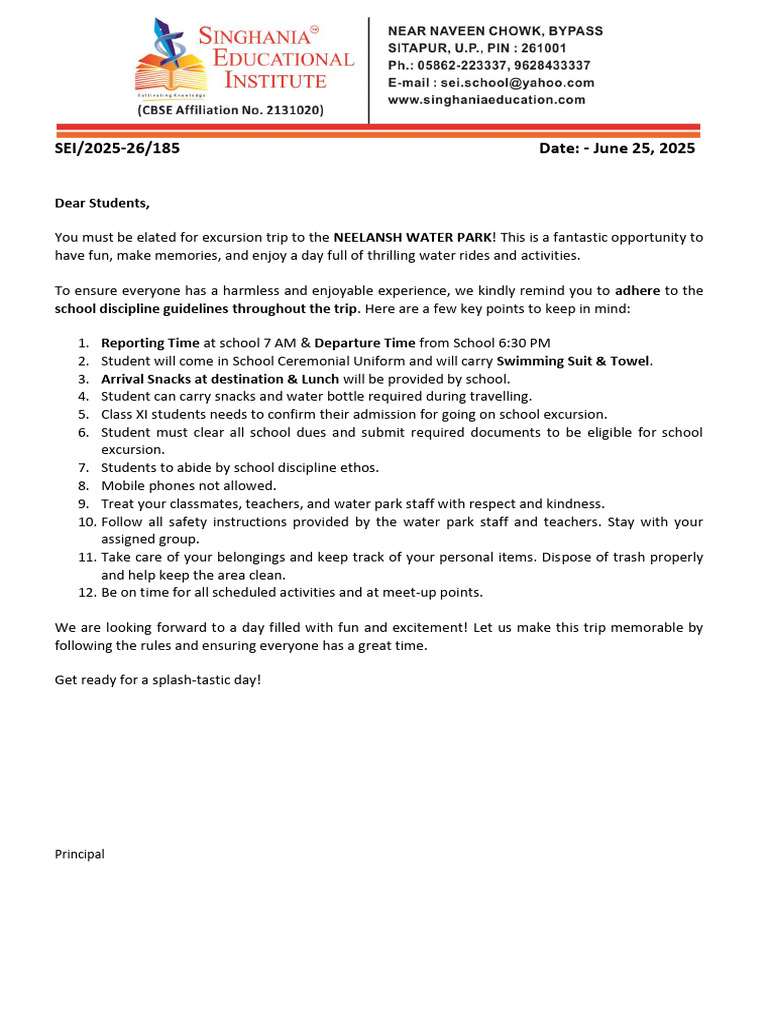 Excursion Trip Guidelines to Neelansh Water Park | PDF
