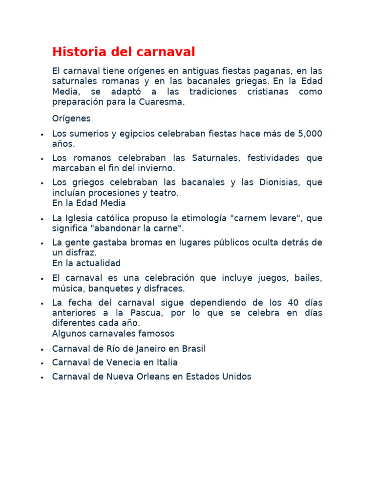 Historia Del Carnaval | PDF | Carnaval