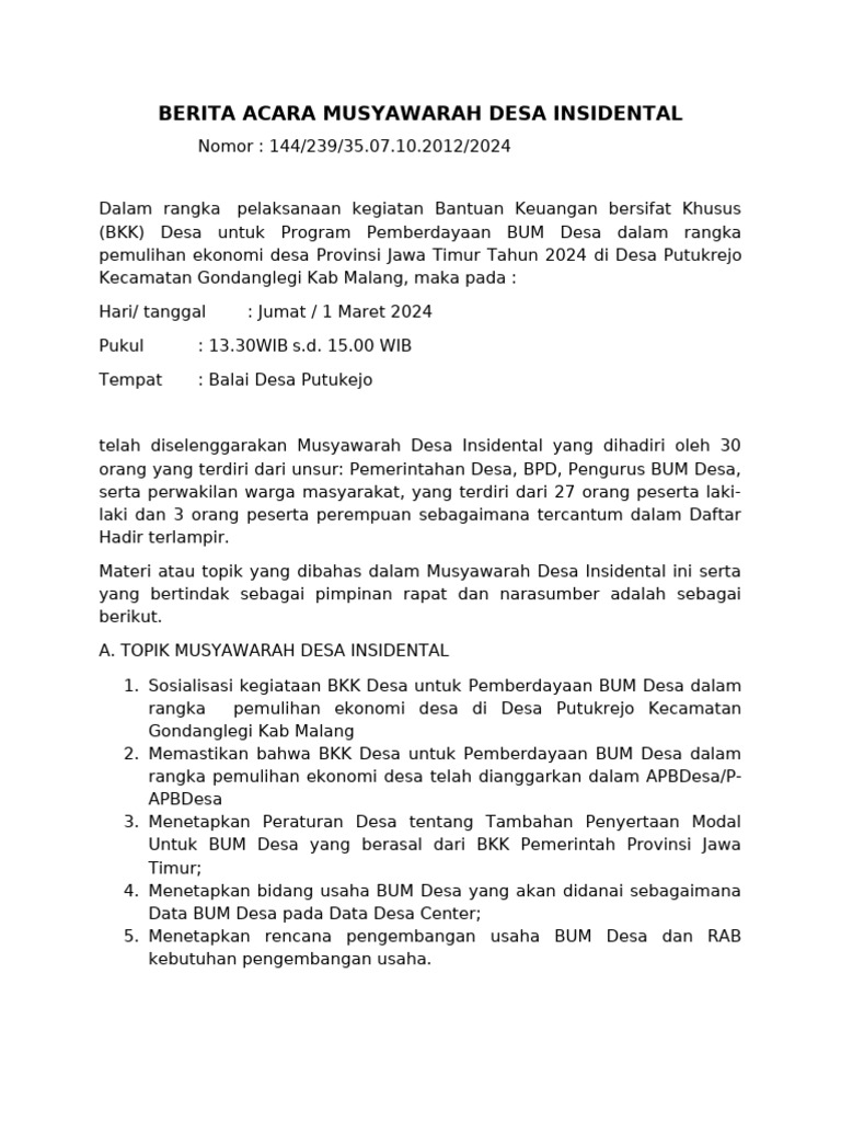 Berita Acara Musyawarah Desa Insidental | PDF