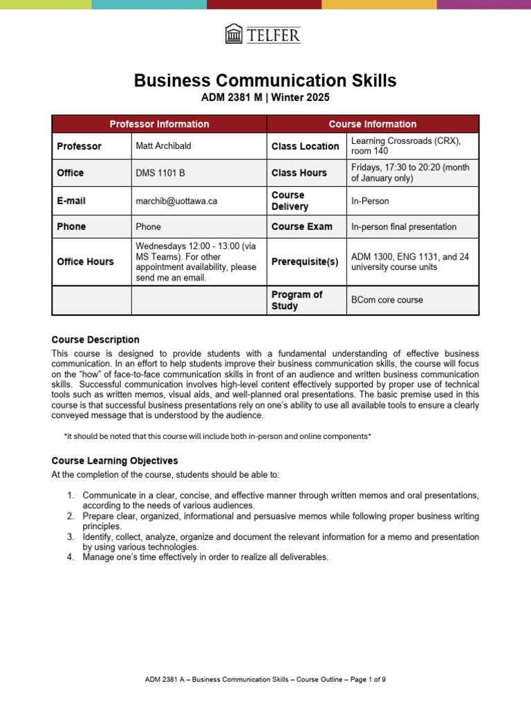 Business Communication Skills Course Outline | PDF | Communication ...