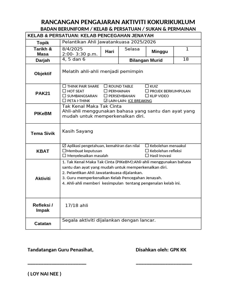 2rancangan Aktiviti Kokurikuklum Sekolah KPJ | PDF