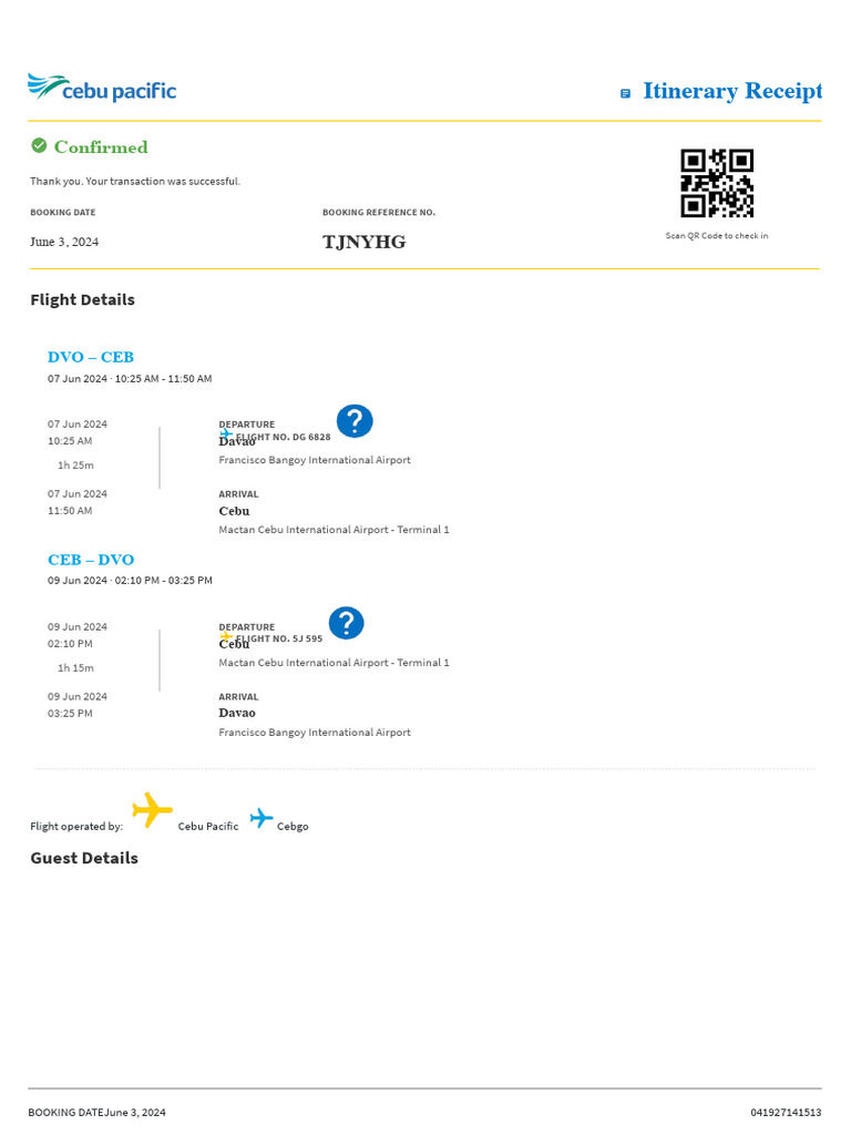 Cebu Pacific Flight Itinerary Receipt | PDF | Fee | Payments