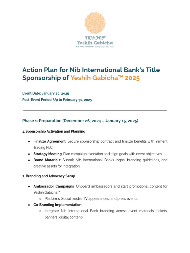Action Plan Forr Nib International Bank's Title Sponsorship of Yeshih Gabicha™ 2025 | PDF