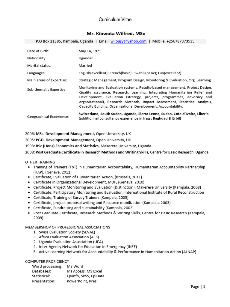 Curriculum Vitae-Consultant (2017) | PDF | Uganda | Capacity Building