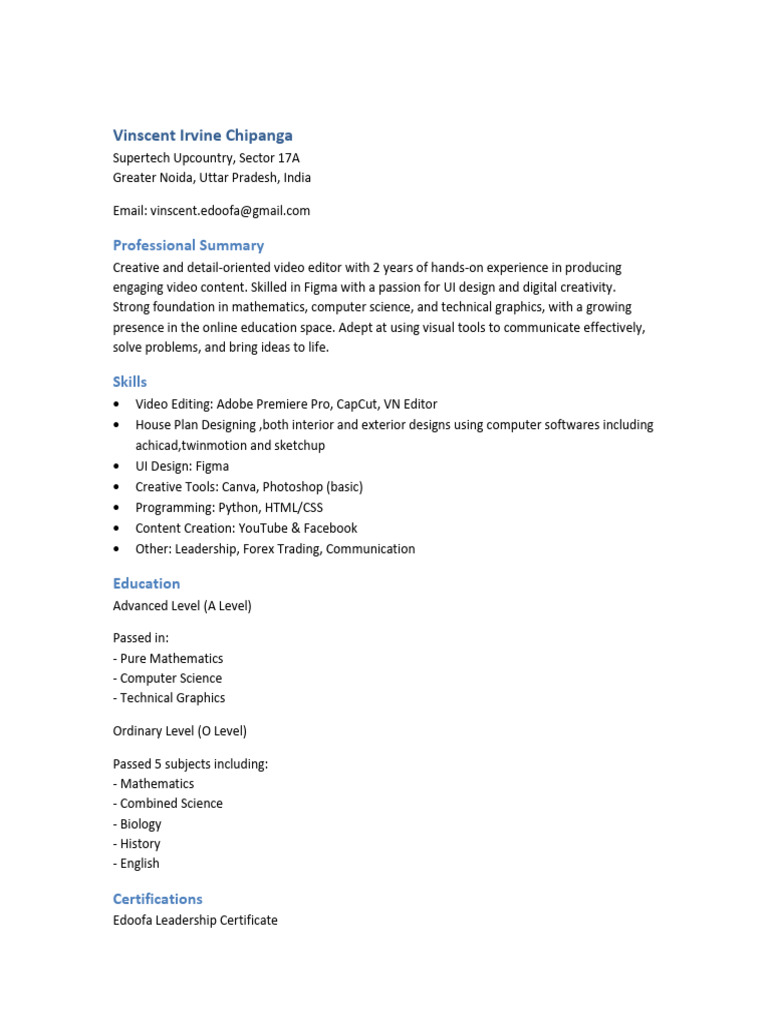 Chipanga Irvine Vinscent - Resume | PDF