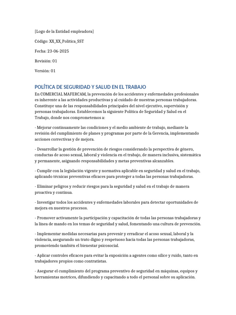 Politica SST Revisada | PDF | Valores | Acoso sexual