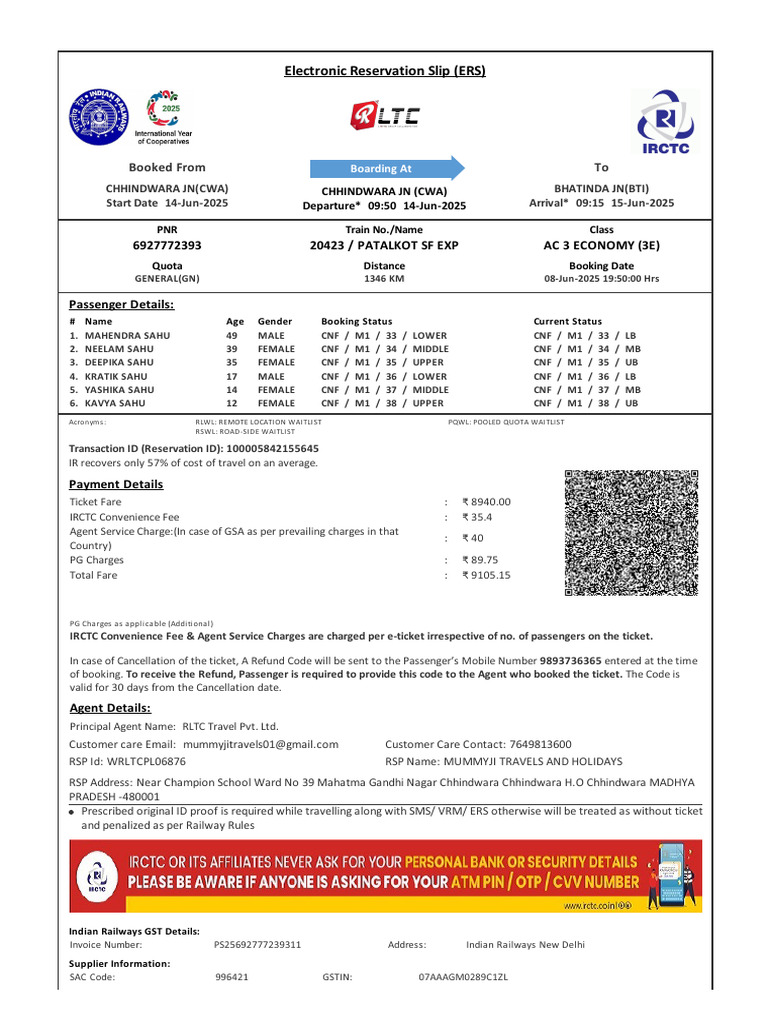 Electronic Reservation Slip (ERS) : Booked From To | PDF | Identity ...