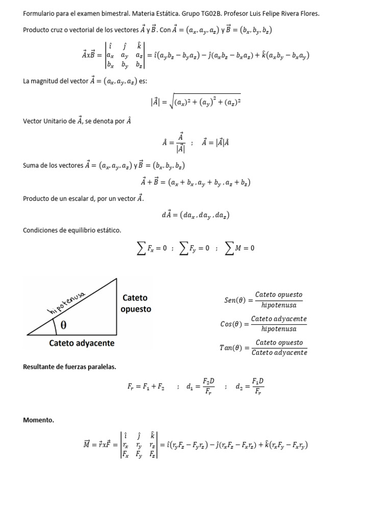 Formulario Estatica | PDF | Vector Euclidiano | Álgebra lineal