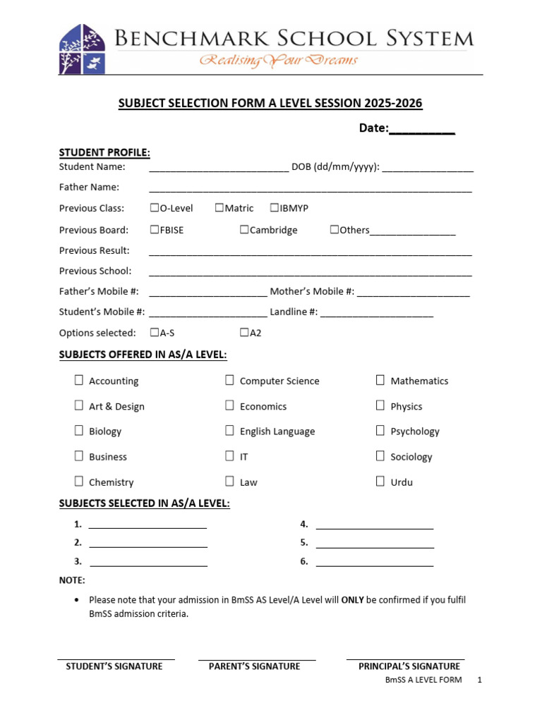 BMSS As Level Subject Selection Form 2025-2026 | PDF | Chess Theory | Chess