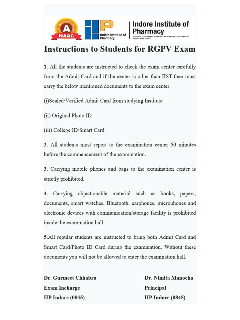 RGPV Exam Admit Card Instructions | PDF