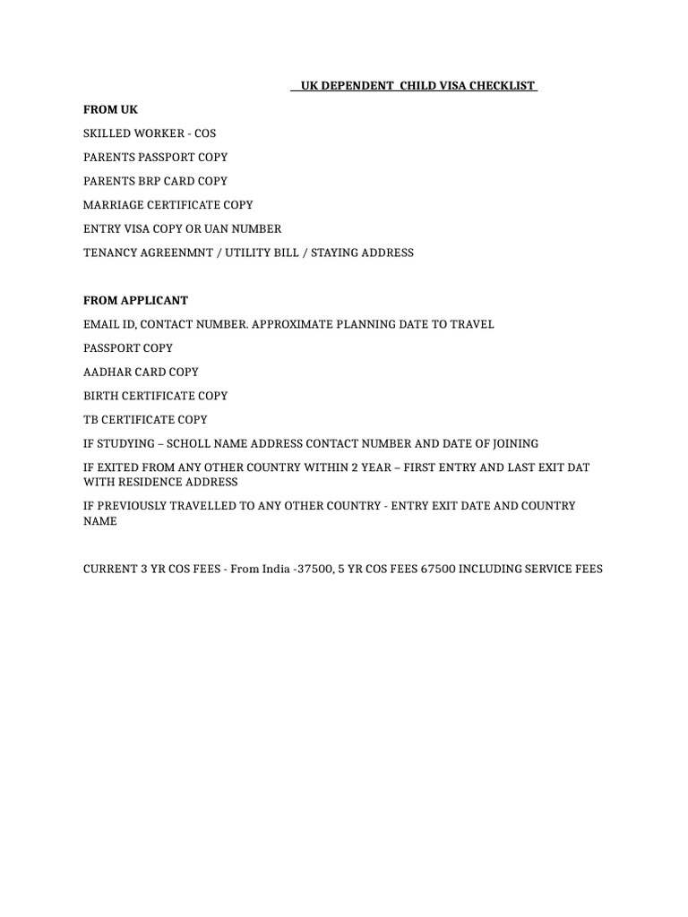 Uk Dependent Child Visa Checklist | PDF