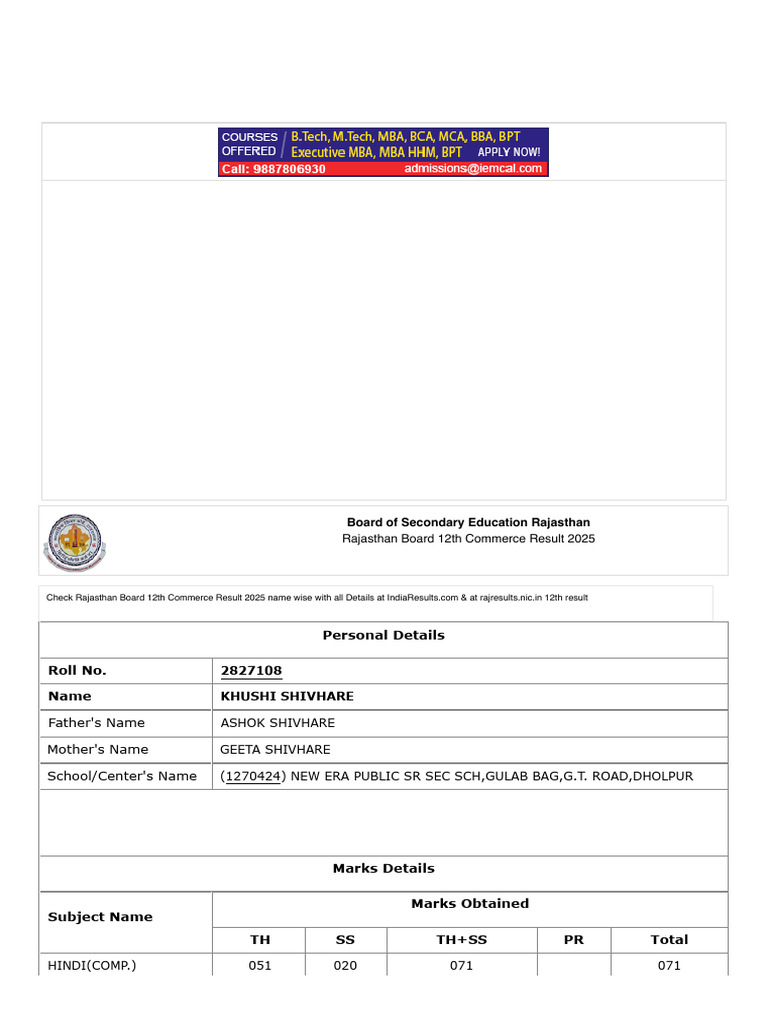 Rajasthan Board 12th Commerce Result 2025 Board of Secondary Education ...