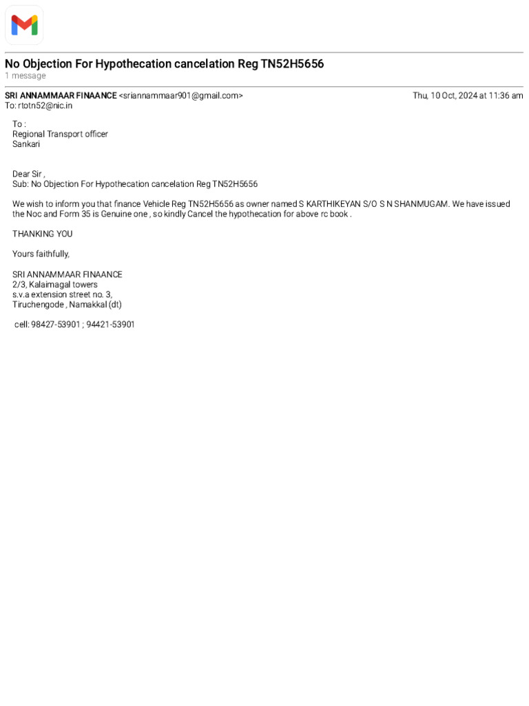 Gmail - No Objection For Hypothecation Cancelation Reg TN52H5656 | PDF