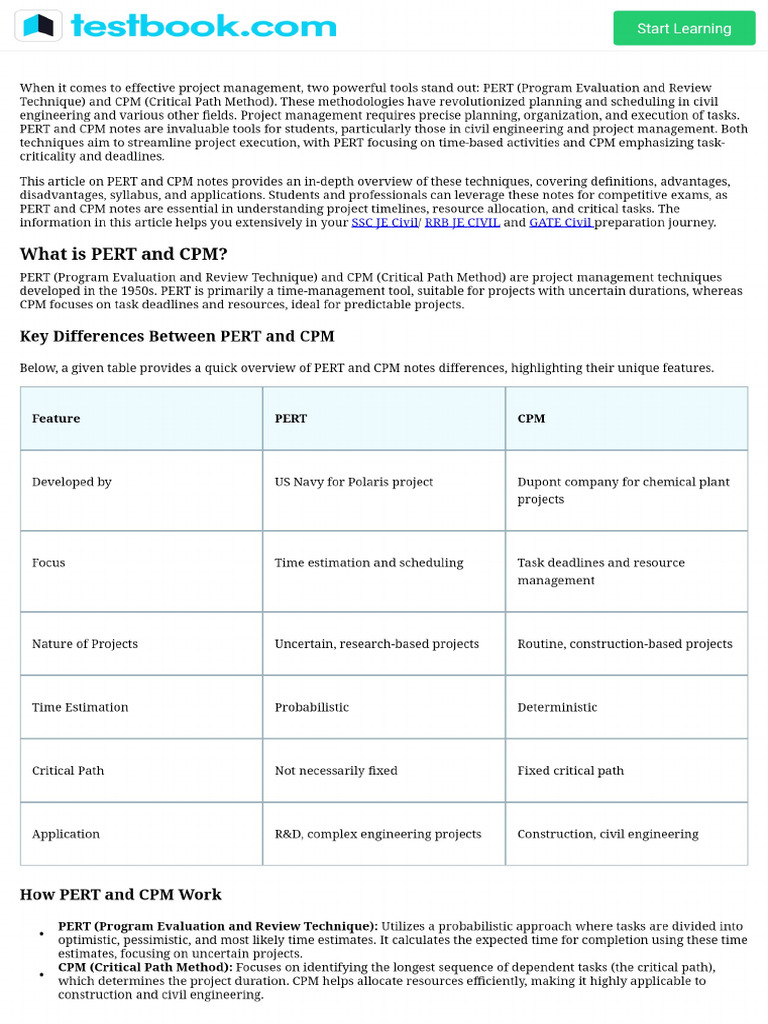 PERT and CPM Notes - Download Subject Notes & Free PDF For AE - JE Exam ...