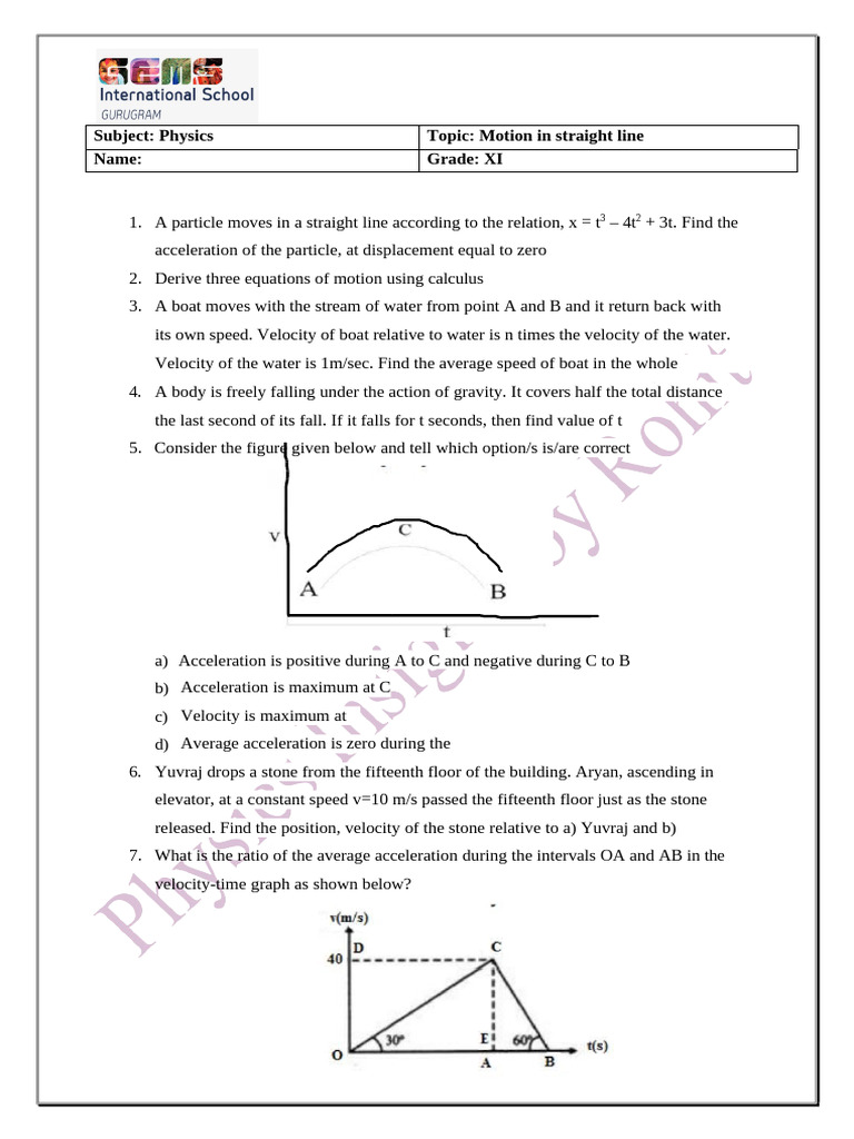 Grade 11 - Motion in Straight Line Practice - Worksheet | PDF