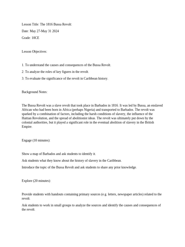 Bussa Revolt Lesson Plan Print This | PDF | Unfree Labour | African Diaspora